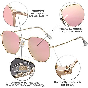 SOJOS Small Square Polarized Sunglasses for Men and Women Polygon Mirrored Lens SJ1072 with Gold Frame/Pink Mirrored Lens