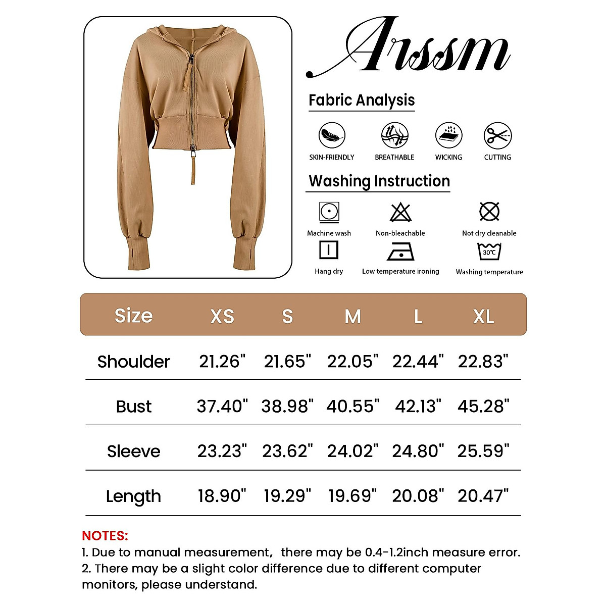 Arssm Cropped Hoodie Women Long Sleeve Sweatshirts Casual Fashion Hooded Zip up Workout Jacket with Thumb Holes(Khaki-L)