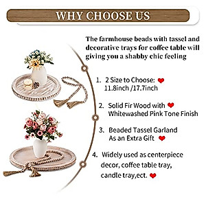 Hanobe Round Wooden Bead Tray: Coffee Table Tray with Wood Beaded Garland Decor Set Pinkish Whitewashed Decorative Tray for Counter Farmhouse Centerpiece Rustic Distressed Candle Holder
