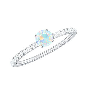 Rosec Jewels Certified Natural Opal Promise Ring, AAA Quality, Opal Diamond Pinky Ring For Women (Ready to Gift), 14K White Gold, Size:US 5.00