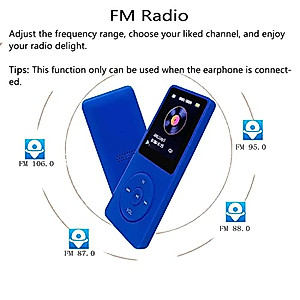 MP3 Player 32GB with Speaker FM Radio Earphone Portable Mini Blue Music Player Voice Recorder E-Book 1.8 inch HD Screen Support up to 128GB