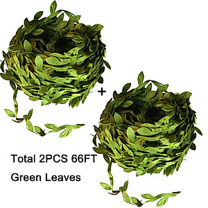 KEHAWK 2PCS 66FT Artificial Vines Fake Hanging Plants Leaves Ribbon Leaf Vine Trim Foliage Rattan DIY Wreath Foliage Green Leaves Ribbon Decorative Home Wall Garden Wedding Party Wreaths Decor