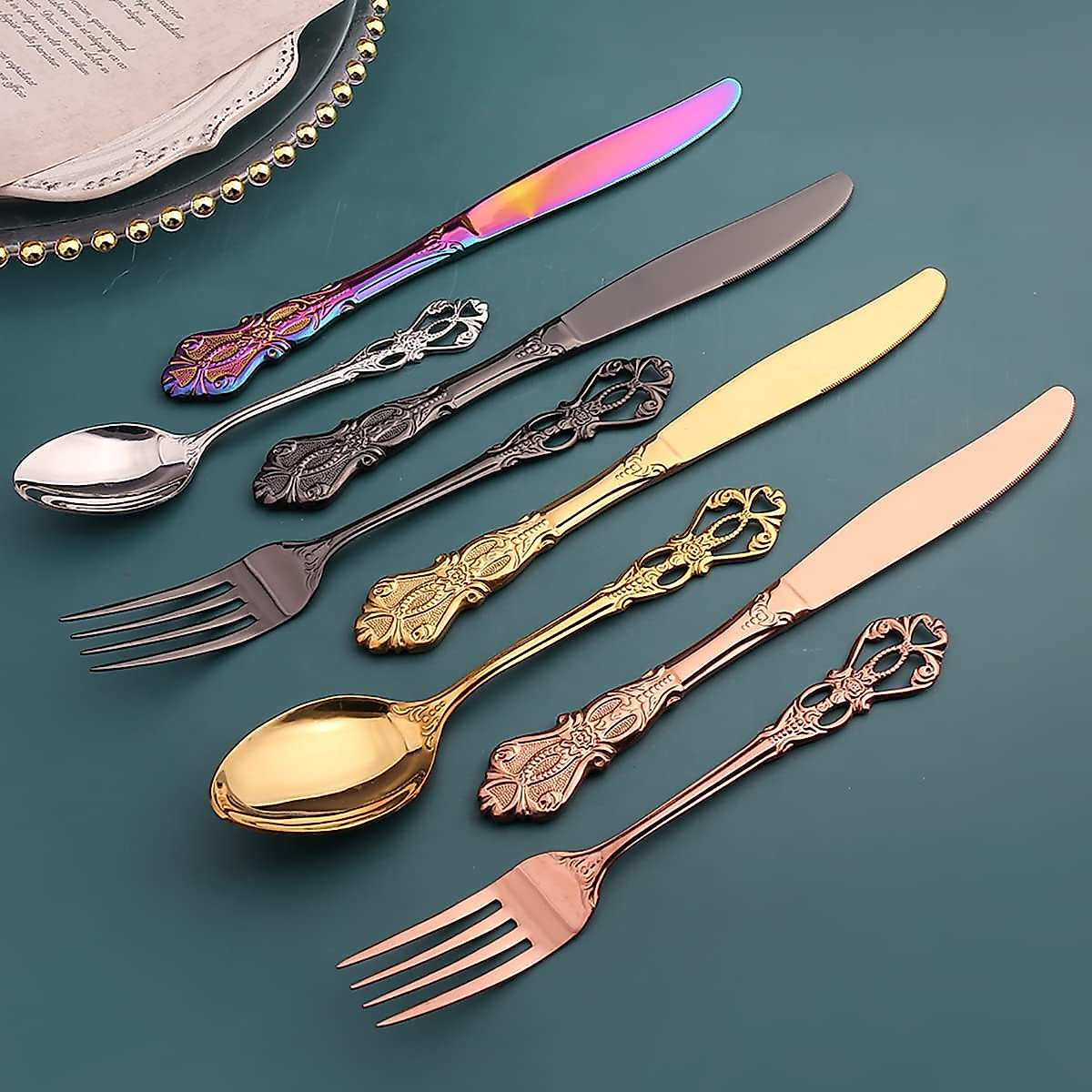 IKXO 35 Piece Silverware Set ，Stainless Steel Silverware Set, Modern Sleek Flatware Set, Include Knife Fork Spoon Long Teaspoon Salad Fork Mirror-Polished Dishwasher Safe Cutlery