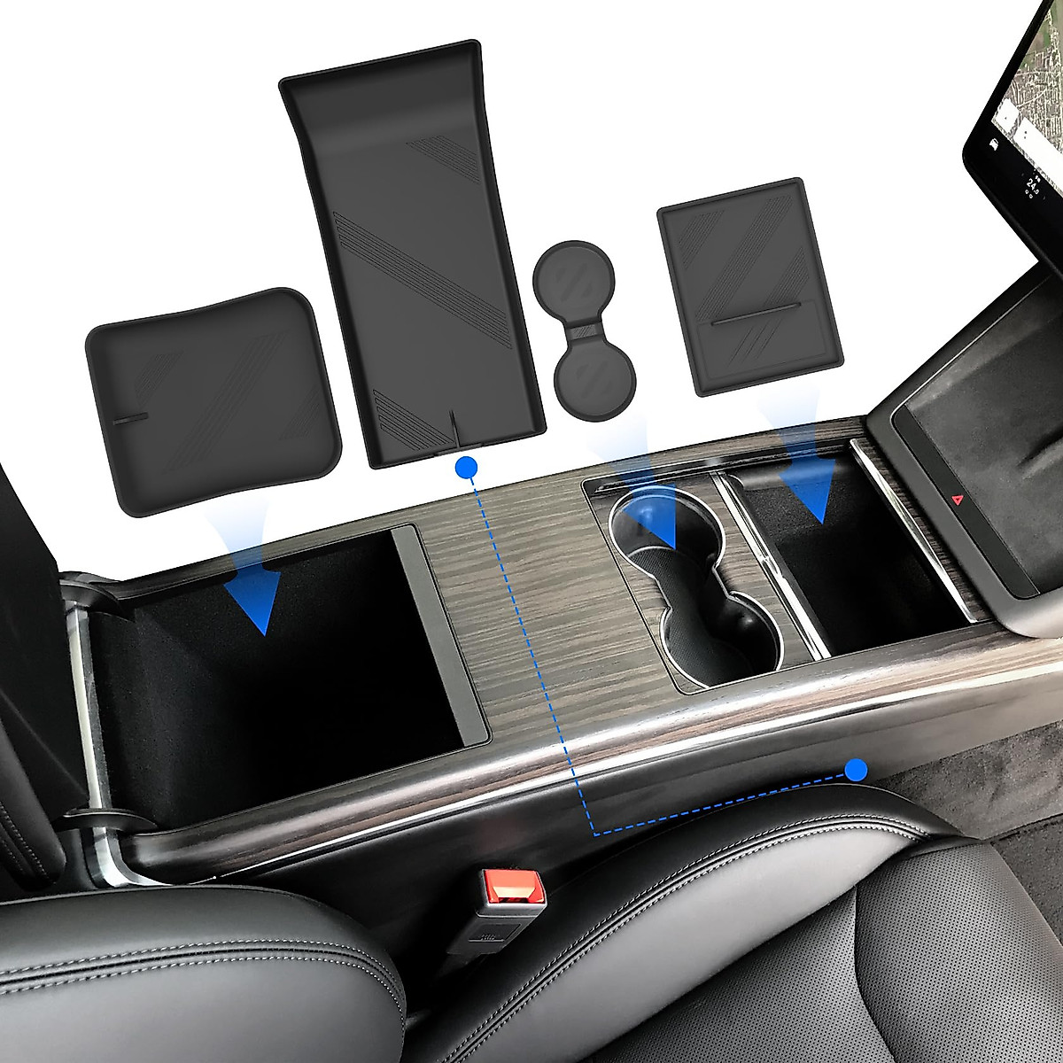 BEEGROW Cup Coaster, Upper & Lower Center Console Organizer Tray Pad and Armrest Storage Mat for 2024 2023 2022 Tesla Model X/S Accessories, Full Set Interior Insert Mats, Silicone Black