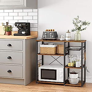 VASAGLE ALINRU Kitchen Baker’s Rack, Coffee Bar, Microwave Oven Stand, with Steel Frame, Wire Basket, 6 Hooks, 35.4", Rustic Brown
