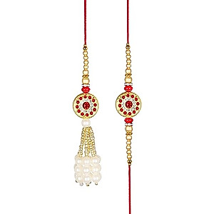 CHERKRAFT Lumba Rakhi For Brother & Bhabhi Set/Bhaiya Bhabhi Rakhi Thread Jodi Kundan Combo Rakhi (Design 1, Standard)