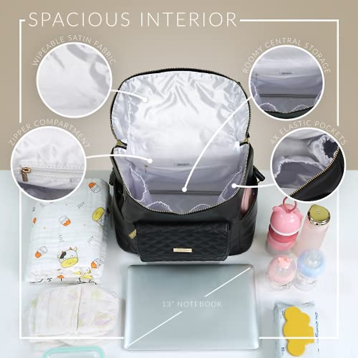Monaco Large Diaper Bag Backpack by Luli Bebe - Designer Modern Vegan Leather Stylish Baby Backpack Diaper Bag for Mom, Multipurpose, Roomy, with Changing Pad (Pearl White)