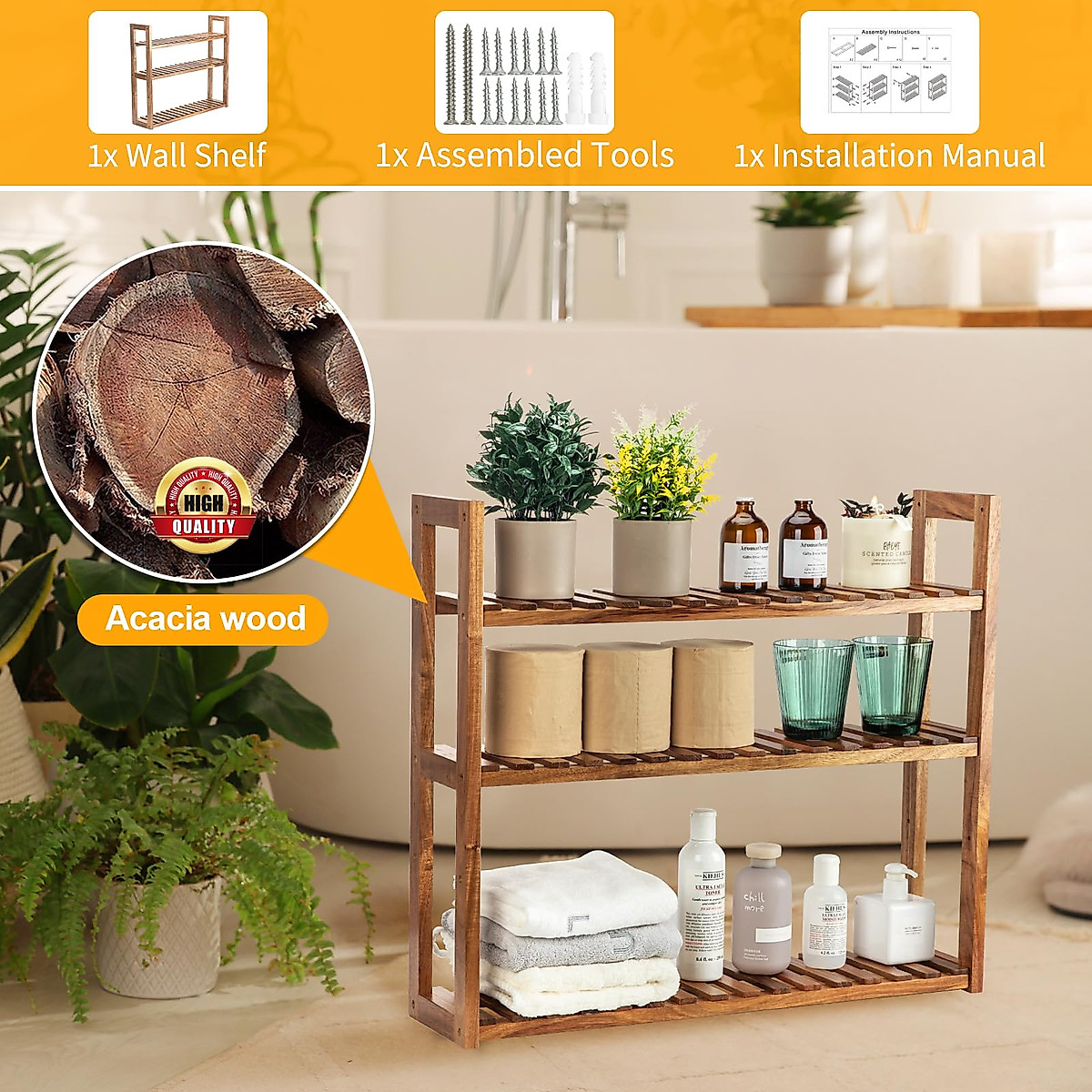 MEHL CLUB 3 Tier Wood Shelf, with Adjustable Layer, Multifunctional Standing Shelf Units for Bathroom, Living Room, Kitchen, Size 23.6x21.2x5.9in, Walnut Color