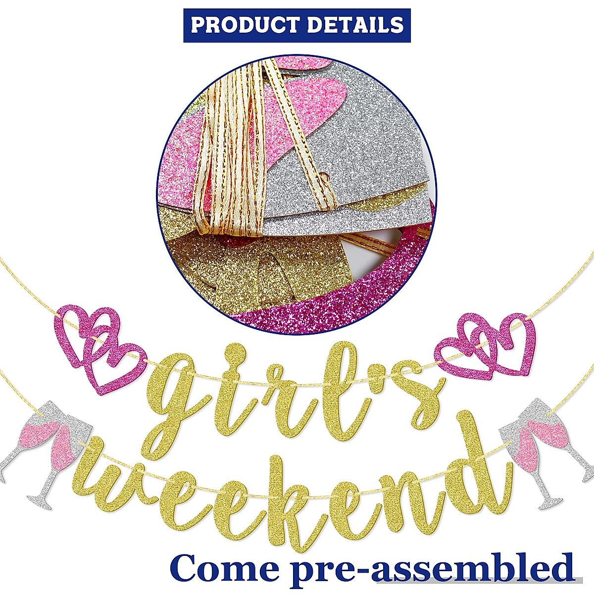 Girl's Weekend Banner, Bachelorette Party Decoration for Girls Party, Pre-strung Bridal Shower Banner (Gold)