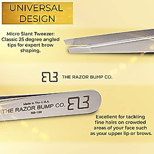 Razor Bump Co. Professional Micro Slant Tweezer, made in USA, Best Precision Tweezers for Eyebrows, Chin Hair, Ingrown Hair Removal – Surgical Grade, Rustproof, Non-Irritating Stainless Steel