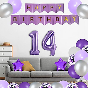 Purple 14th Birthday Party Decorations Purple Happy Birthday Paper Banner Purple 40inch Number 14 Happy birthday Sash Latex and Confetti Balloons Perfect for 14 Years Old Party Supplies Balloons