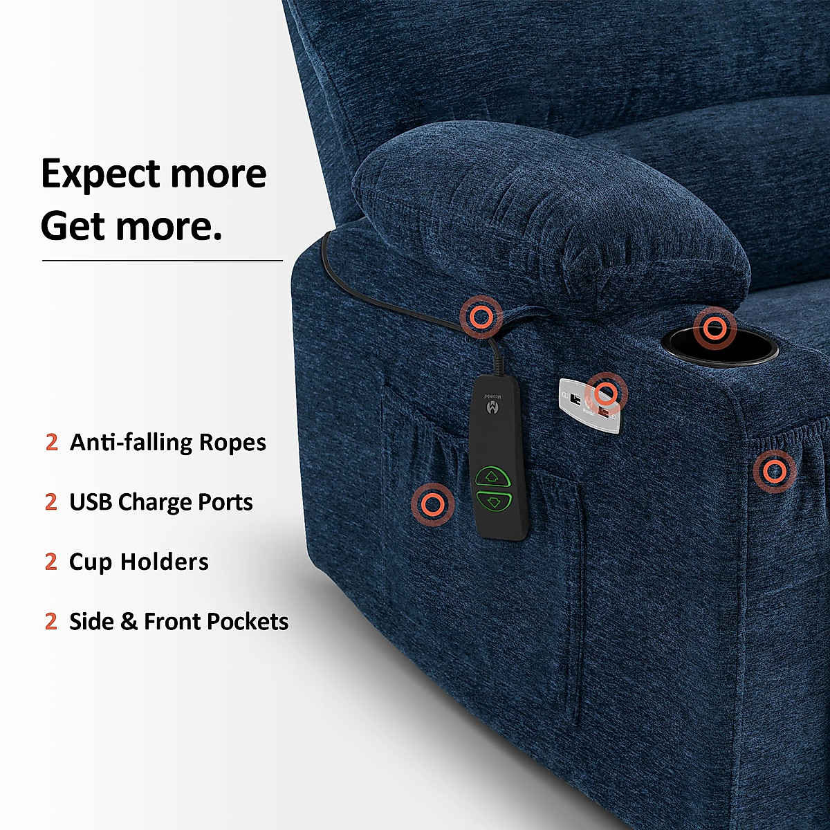 MCombo Power Lift Recliner Chair Sofa with Massage and Heat for Big Elderly People, USB Ports, Side Pockets, Fabric R7096 (Medium-Wide, Navy Blue)