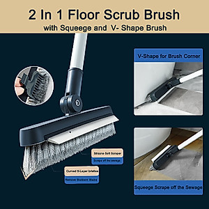 Floor Scrub Brush with Long Handle Grout Brush 2 in 1 Scrape Brush V-Shape Stiff Bristle Floor Scrubber with Squeegee 180°Rotating, Shower Scrubber Brush for Cleaning Bathroom, Kitchen, Wall