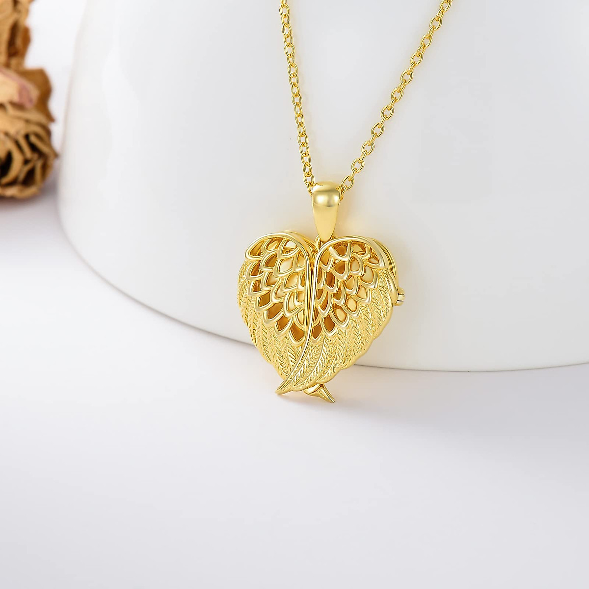 SOULMEET 10k 14k 18k Solid Yellow Gold Angel Wings Heart Shape Locket Necklace That Holds 2 Pictures Personalized Letters Engraved Custom Image Locket (Custom Photo & Text)
