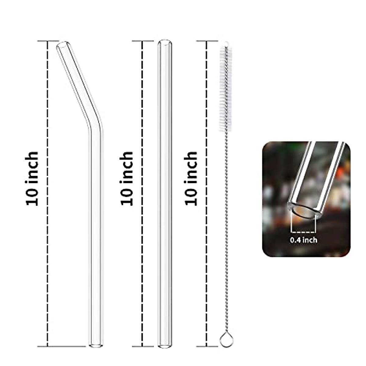 Elyum 8 Pack Reusable Glass Straws, 10'' x 10mm Clear Drinking Straws with 2 Cleaning Brushes Portable Glass Straws for Smoothies Tea Juice Wine (4 Straight + 4 Bent)