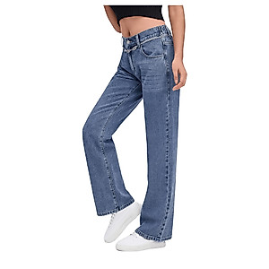 SweatyRocks Women's Casual Low Rise Wide Leg Jeans Chain Straight Leg Denim Pants with Pockets Medium Wash M