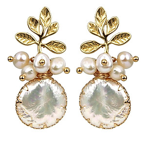 Pearl Earrings with 18k Gold Life Tree, 925 Sterling Needle & Baroque Pearl Drop Earrings for Women