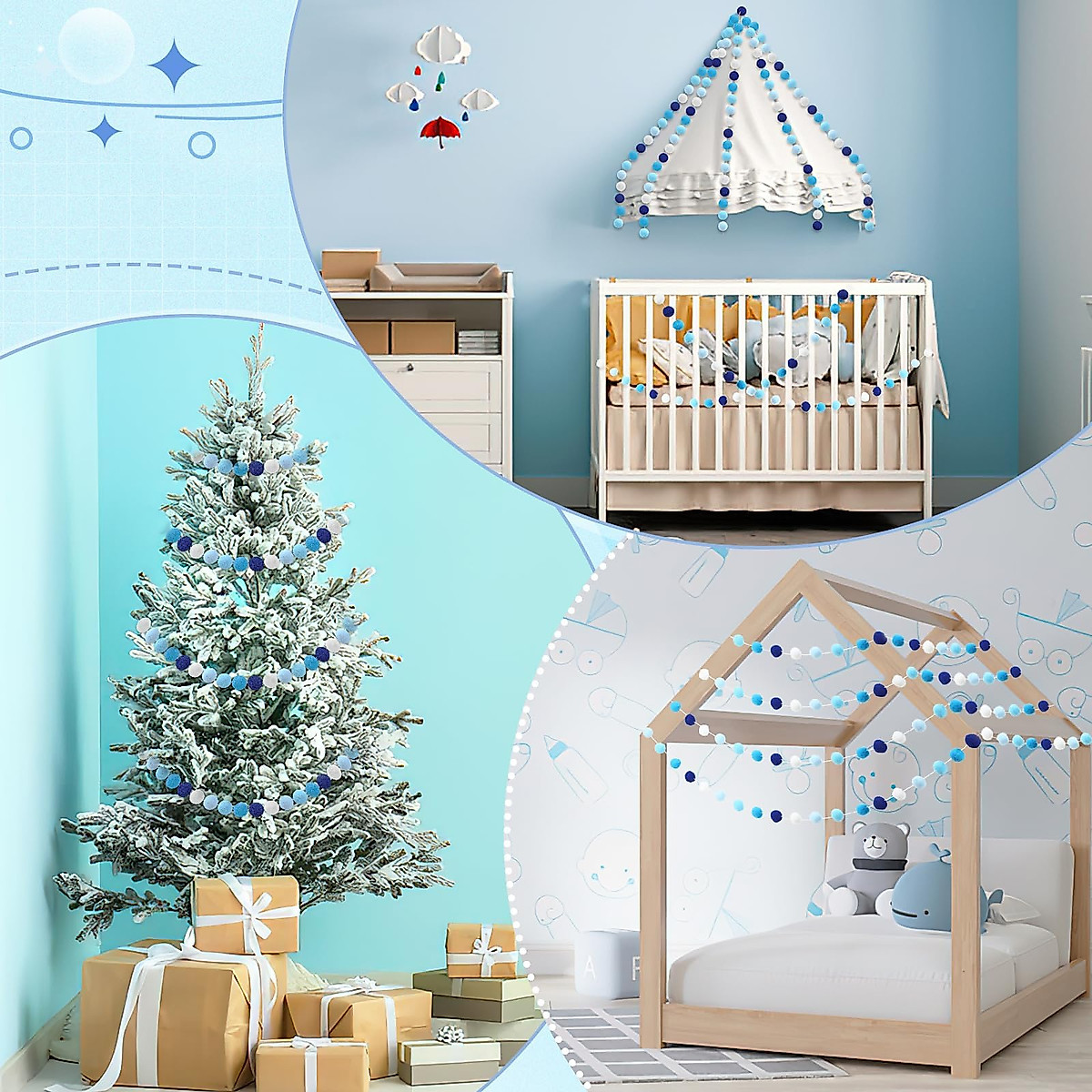 MARFOREVER 4 Pack 26.3 Feet Winter Christmas Pom Pom Garland, 30 Balls Blue White Winter Garland Hanging Supplies for Hanukkah Xmas Tree Classroom Fireplace Wall Birthday Baby Shower Party Decorations