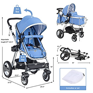 BABY JOY Baby Stroller, 2-in-1 Convertible Bassinet Reclining Stroller, Foldable Pram Carriage with 5-Point Harness, Including Cup Holder, Foot Cover, Diaper Bag, Aluminum Structure, Blue