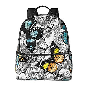 OPSREY Purple Butterflies Floral Print Backpack Laptop Bag Multiple Pockets Casual Travel Shoulder Bag For Men Women