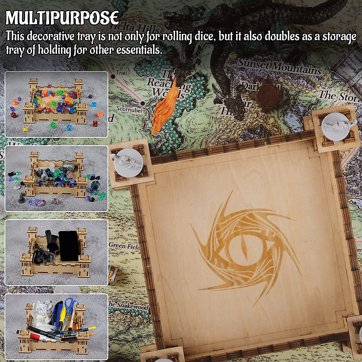 DIY Wood Square Dice Holder Cool 3D Castle Design Carved Dragon Eye - Easy Rolling Dice Tray for DND, RPG and Board Game