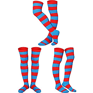 SATINIOR 3 Pairs Blue and Red Striped Long Knee Thigh High Striped Socks Tight for Women