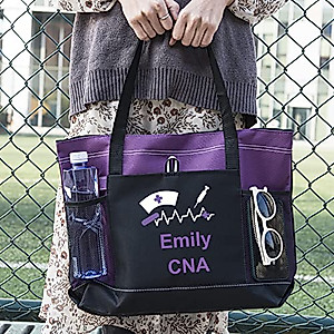 Personalized Nurse Tote Bag with Mesh Pockets, Zippered Beach Tote Bags , Large Travel Tote Bag for women, Gift for RN, LPN, CNA, Lightweight (Purple)