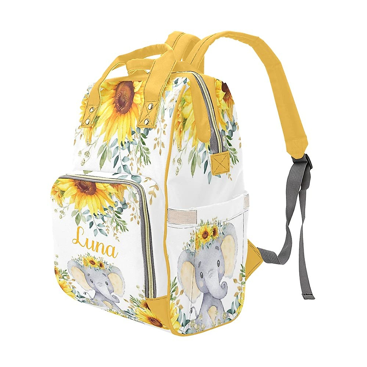 Cute Elephant Sunflower Diaper Bags with Name Waterproof Mummy Backpack Nappy Nursing Baby Bags Gifts Tote Bag for Women