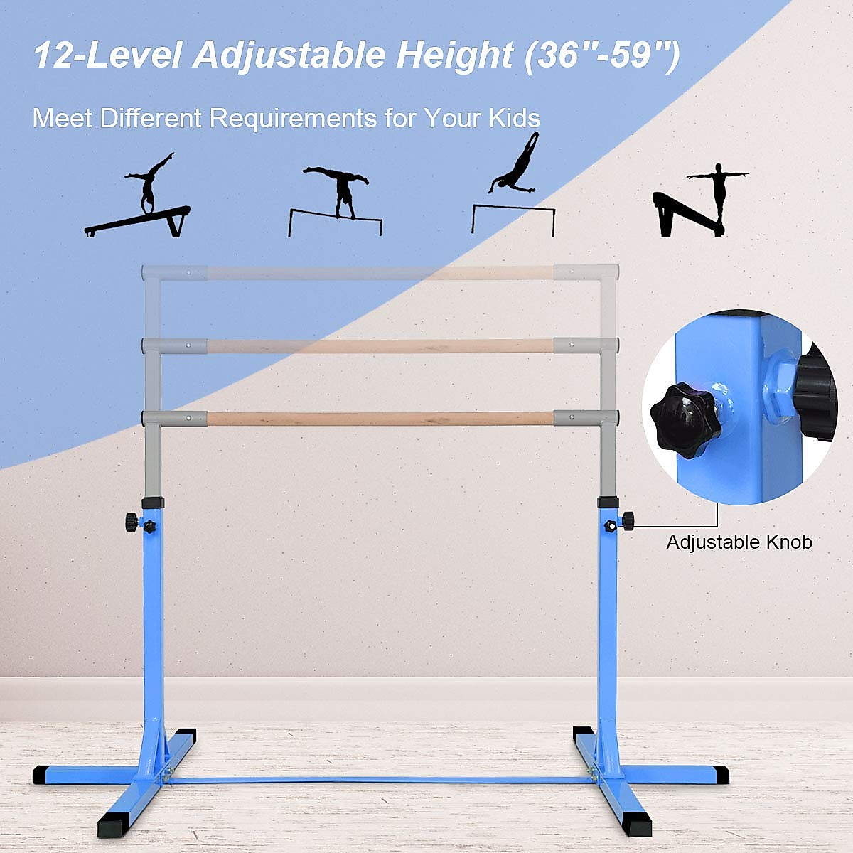 LHONE Exercises Gymnastics Training Bar,Adjustable Horizontal Junior Training Kip Bars,Gymnasts 1-4 Levels Practice Bar for Gymnast Beginner Home (Blue)