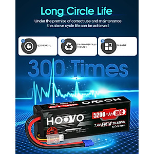 HOOVO 7.4V 5200mAh 80C 2S Lipo Battery Hard Case with EC3 Plug for Popular RC Car RC Helicopter Quadcopter UAV Drone FPV Tracxas Slash Buggy Team Associated(2 Packs)