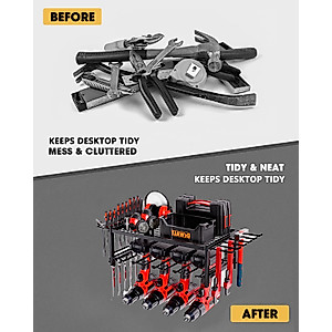 Power Tool Organizer, Garage shelving 2 Layers Garage Tool Organizers 4 Drill Holder Wall Mount, and Heavy Duty Metal Tool Shelf with Screwdriver Holder/Plier Holder/Hammer Holder (Black, 2_Layer)