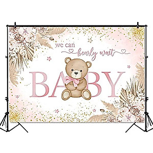 Mocsicka Girl Bear Baby Shower Backdrop Pink Boho Pampas Grass Baby Shower Background We Can Bearly Wait Baby Shower Party Cake Table Decoration Photo Booth Props (7x5ft)