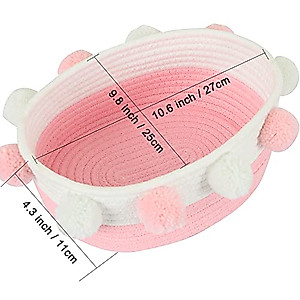 RengaoRise Small Pink Basket with Pompoms, 10.6" x 9.8" x 4.3" Oval Decorative Cute Cotton Rope Woven Baby Basket for Diapers, Towels, Hair Accessories,Toys, Gifts, Basket Empty to Fill for Baby Shower, Nursery, Birthday