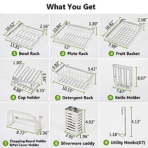 1Easylife Over The Sink Dish Drying Rack Adjustable 2-Tier Large Dish Dryer Rack for Kitchen Organizer Storage Space Saver Shelf Utensils Holder with 7 Utility Hook Tableware Drainer (Silver)