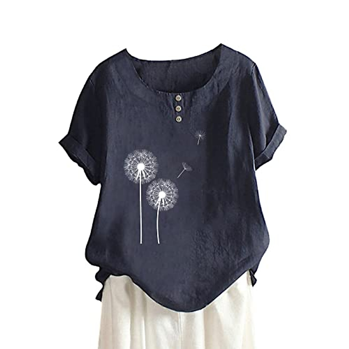 Women Summer Round Neck Button Dandelion Print Short Sleeve T Shirt Blouse Navy