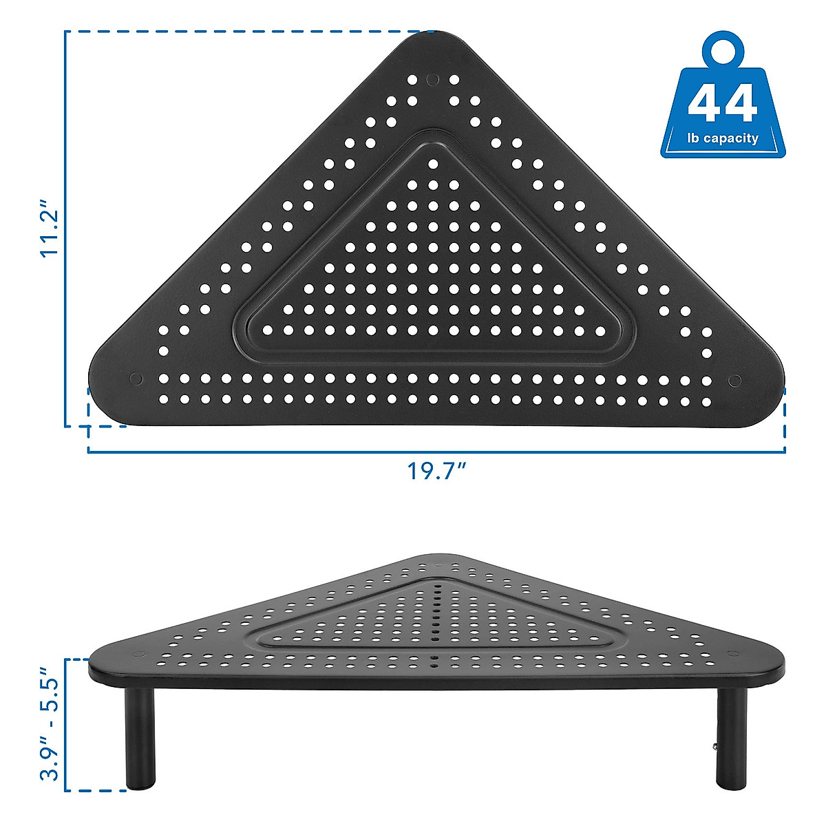 Corner Monitor Stand | Adjustable Height Corner Desk Shelf | Triangle Screen Riser, Ergonomic Space Saving Design, Ventilated. (Metal, Black)