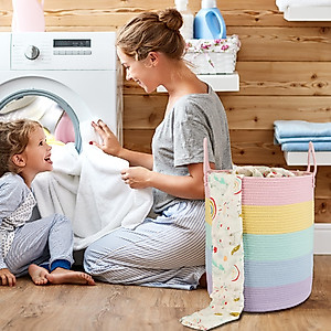XUANGUO Rope Laundry Basket Hamper for Kids Girl Woven Storage Basket for Living Room Bedroom Boho Tall Baskets for Blanket Toys Pillow Towels Baby Nursery Hamper Bin rainbow
