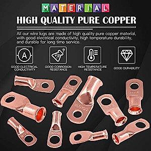 Glarks 10Pcs 8x3/8'' Copper Wire Lugs UL Listed Battery Cable Closed Ends Bare Copper Eyelets Tubular Ring Terminal Connectors