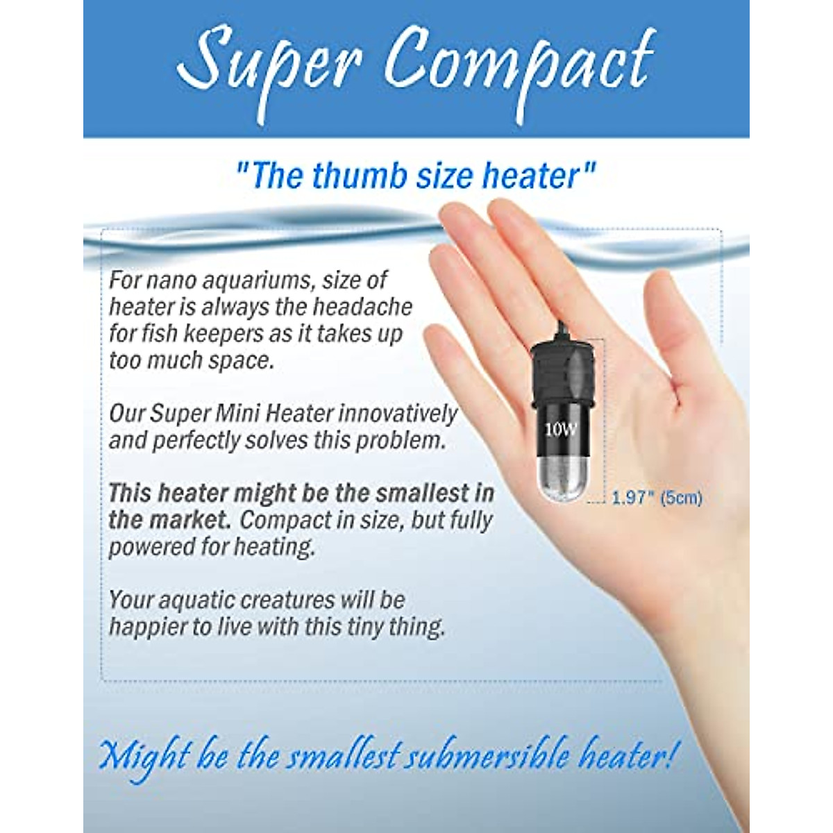 Kulife 5V/2A USB Powered 10W Super Mini Fish Tank Heater Adjustable Submersible Aquarium Heater Betta Heater Turtle Heater with LED Display Thermostat - for up to 1 Gallon Tanks