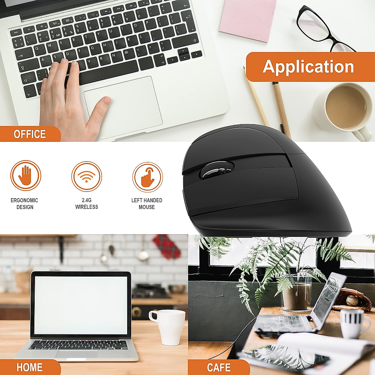 J-Tech Digital Ergonomic Left Hand Mouse with Wireless Connection, AA Battery, 2.4GHz Nano Transceiver, 800, 1200, 1600, 2400 Adjustable DPI; Compatible with Windows and MAC OS [V628ML]