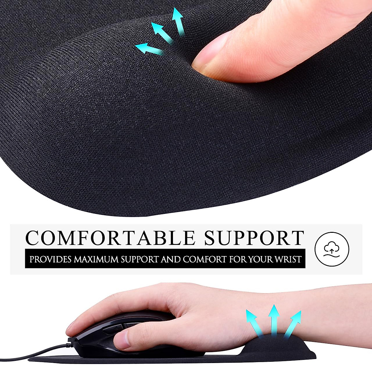 JIKIOU 2 Pack Ergonomic Mouse Pads with Comfortable and Cooling Gel Wrist Rest Support and Lycra Cloth, Non-Slip PU Base for Easy Typing Pain Relief, Durable and Washable for Easy Cleaning