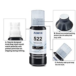 Aomya Compatible T522 Refill Ink Bottle Kit Premium Ink for EcoTank ET-2720, ET-4700 Printers Black, Cyan, Magenta, Yellow 4-Pack 100ML