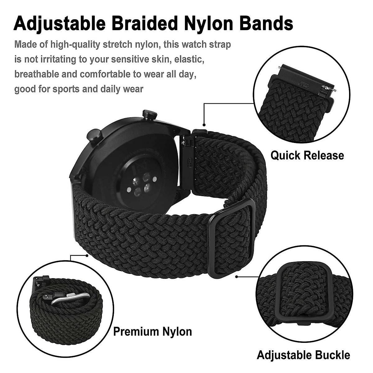 BISONSTRAP Nylon Watch Bands 20mm, Adjustable Braided Loop Straps for Men and Women,Black with Black Buckle