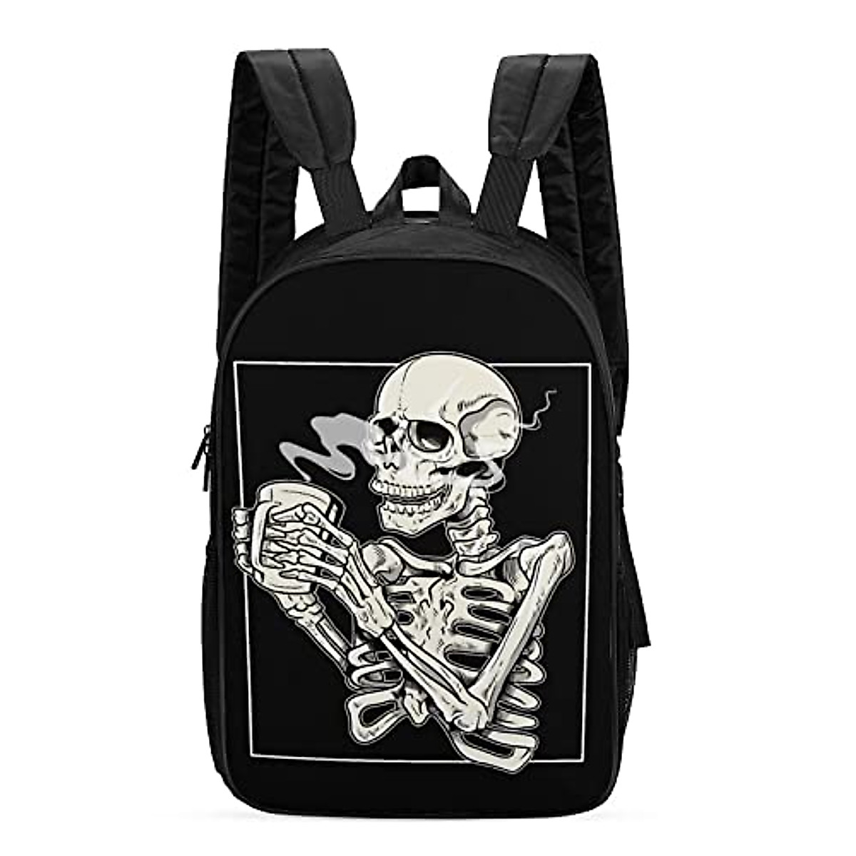 Skeleton Drinking Coffee Reversible Backpack Large Bookbag Double Sided Prints Travel Backpack Adult Unisex Casual Laptop Daypack School Backpack for Men Women College Students, 17 Inch, Black