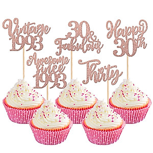 30 PCS Happy 30th Birthday Cupcake Toppers Glitter Thirty 30 Fabulous Vintage 1993 Cupcake Picks Cheers to 30 Years Cake Decorations for 30th Birthday Anniversary Party Supplies Rose Gold