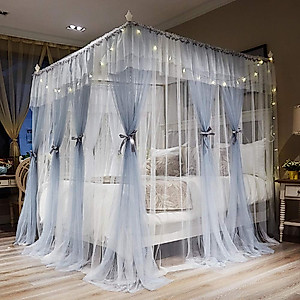 Joyreap Luxury 4 Corners Post Canopy Bed Curtains - Grey & White Cozy Drape Netting - Cute Princess Style Bedroom Decoration Accessories (59" W x 78" L, Full/Queen)