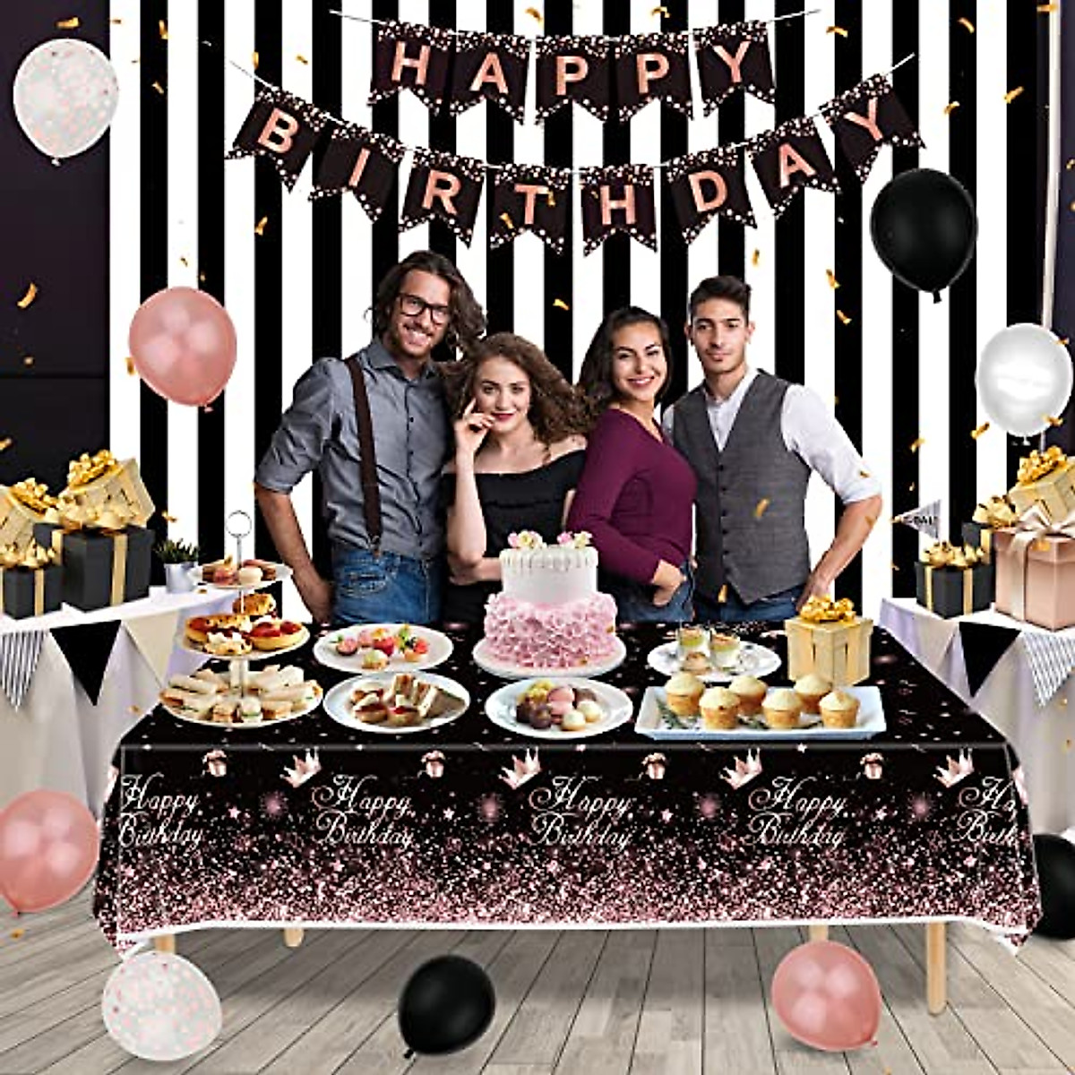 Inspireyee Black Rose Gold Plastic Tablecloth (Pack of 4), 86 x 51 inches Black Rose Gold Party Tablecovers for Black Rose Gold Theme Birthday Party Supplies (Black Rosegold
