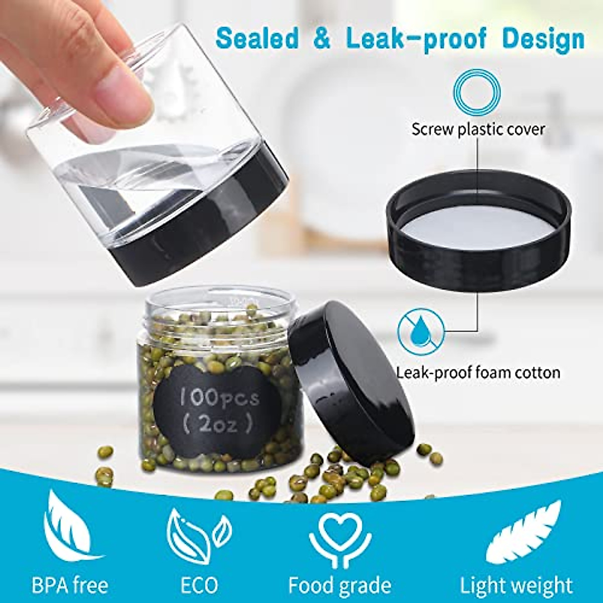 Mimorou 100 Pcs Plastic Jars with Lids Wide Mouth Round Clear Containers, Black Pen and Labels Refillable Airtight Travel Storage Leak Proof Small for Storing Dry Food, Makeup, Honey, Butter (2 oz)