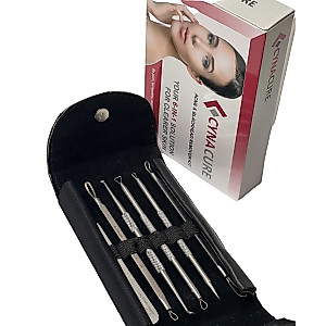 German Stainless Professional set of 6- Blackhead Remover Comedones Extractor Acne Removal Kit for Blemish,Whitehead Popping, Zit Removing for Nose Face Tools-Blackhead Removal w/zipper Leather case