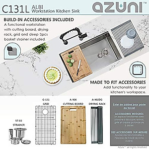 AZUNI 30 inch x 19 inch Single Bowl Undermount 16G Reversible Kitchen Ledge Workstation Sink with Grid, Luxury Basket Strainer, Drying Rack and Bamboo Cutting Board, C131L